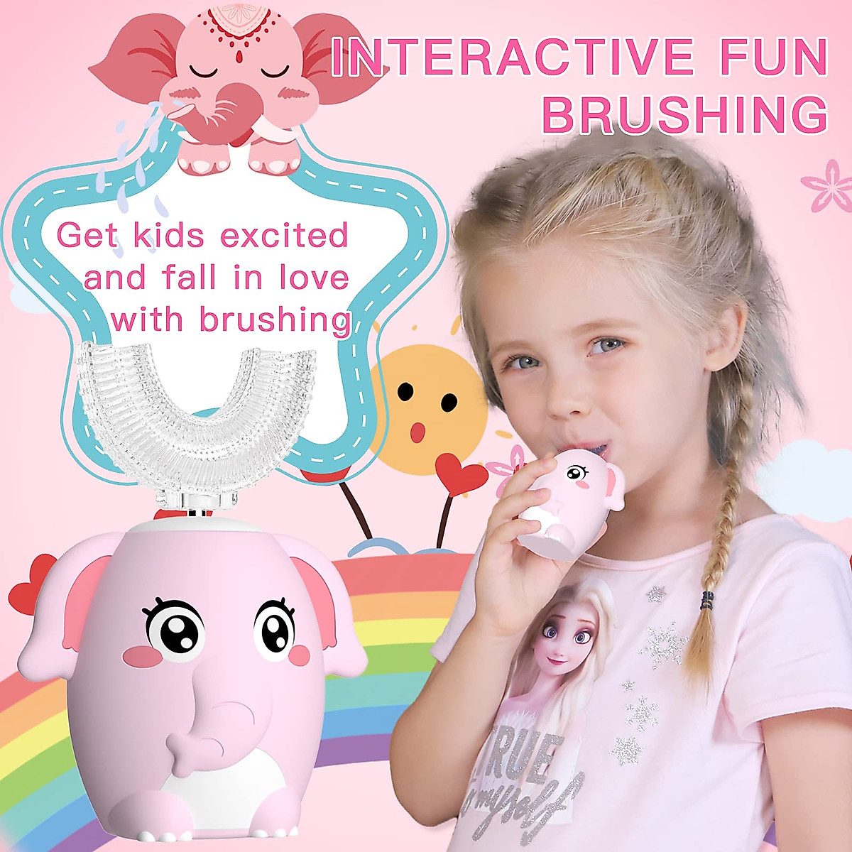 ELOTAME Kid Electric U Shaped Toothbrush with 4 Soft Brush Heads Rechargeable Children Toothbrush with 6 Cleaning Modes IPX7 Waterproof - (Age 2-7 Pink)