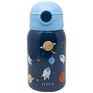 MIRA 15 oz Kids Stainless Steel Water Bottle - Thermos Insulated Flask Keeps Cold - One Touch Straw Lid Cap, Blue - Planets