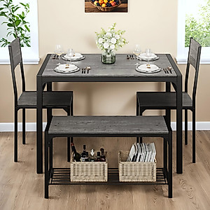 Furmax Dining Table Set for 4, Modern Kitchen Table Bench and Chairs Rectangular Dining Room Table Set with Storage Bench for Small Space, Apartment, Restaurant (Grey)