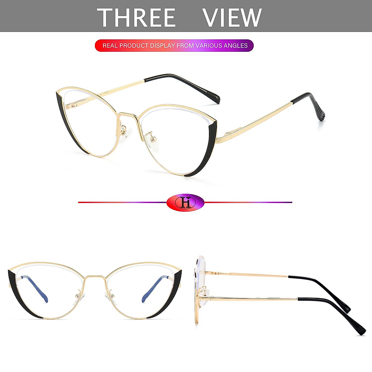 HJSTES Blue Light Blocking Glasses Women Trendy Cat Eye Metal Frame Computer Reading Eyewear(Black)