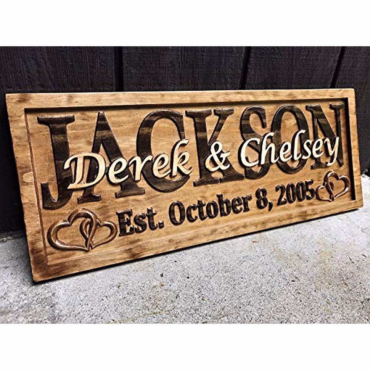 Personalized Wedding Gift Last Name Established Sign Family Name Signs Custom Wood Sign Carved Wood Decor 3D Hearts Couples Sign 5 Year Anniversary Gift