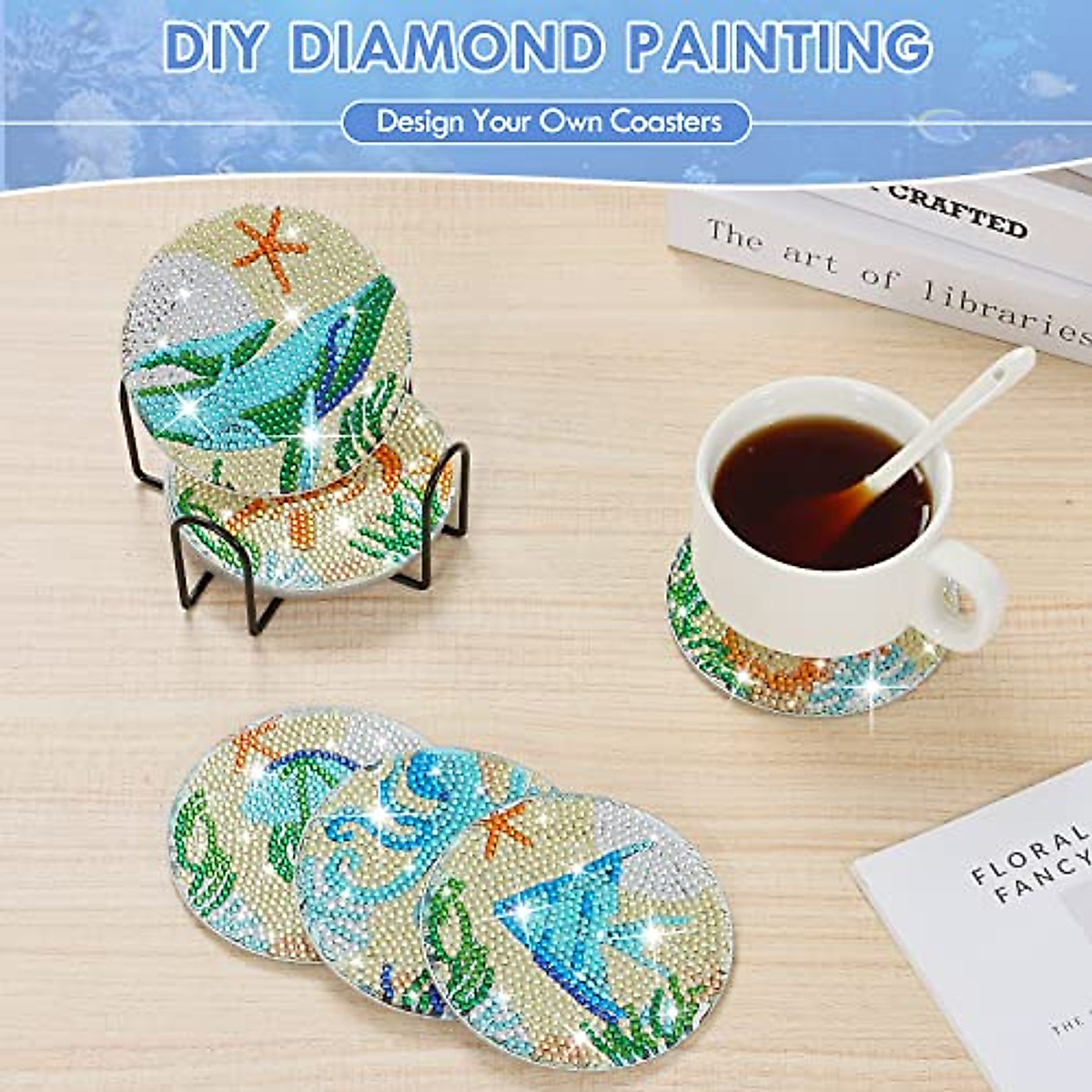 LSHUOYAN 8 Pcs Sea Creature Diamond Painting Coaster Set, DIY Acrylic Coaster with Stand, Diamond Painting Kits, Art Craft Supplies for Beginners, Adults and Children