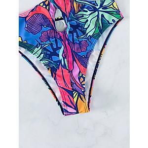 WDIRARA Women's Strapless Cut Out One Piece Swimsuit Tropical Print High Cut Swimsuit Multicolor M