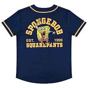 Mens Spongebob Squarepants Baseball Jersey - Spongebob, Patrick, Squidward & Mr Krab - Mesh Button Down Baseball Jersey (Navy, X-Large)
