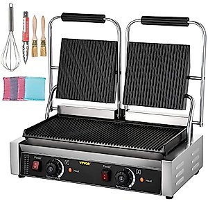 Happybuy 110V Commercial Sandwich Panini Press Grill 2X1800W Temperature Control 122°F-572°F Commercial Panini Grill for Hamburgers Steaks Bacons (Double Grooved Plates）