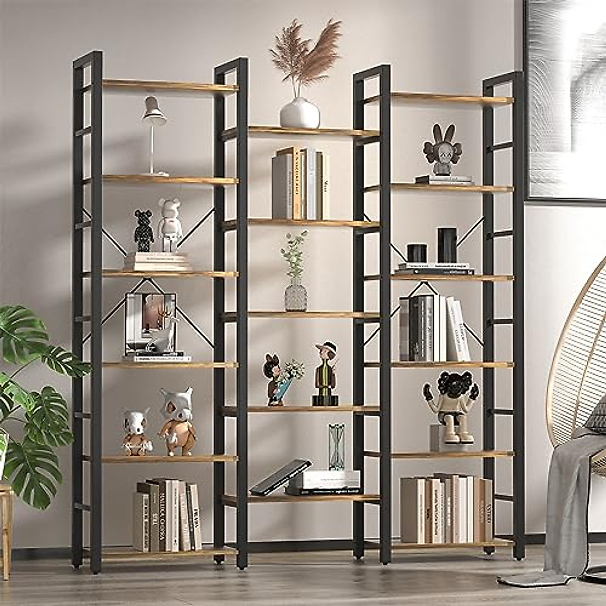 oneinmil Triple Wide 6-Shelf Bookcase Industrial Vintage Wood Style Large Open Bookshelves for Home&Office, Rustic Brown (6 Tier, Rustic Brown)