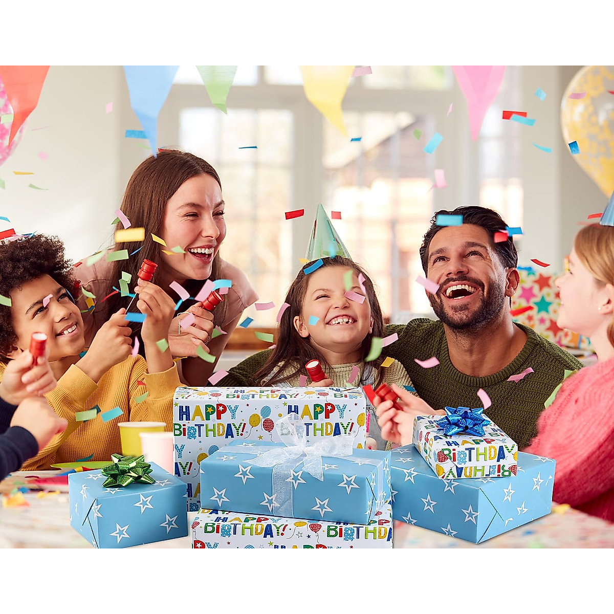 CAMKUZON Reversible Birthday Wrapping Paper Roll for Boys Girls Kids Men Women - Colorful Happy Birthday Lettering Balloon and Stars - Gift Wrap Paper for Birthday Party Holiday, 17.7 Inch X 33 Feet