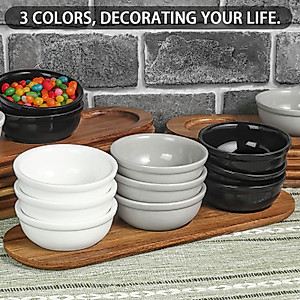 Artena 12 oz Solid Ceramic Chip and Dip Serving Set with Acacia Wooden Tray, 5-inch Grey Dipping Bowls, Small Serving Bowls for Side Dishes, Salsa, Appetizer, Serving Dishes for Entertaining