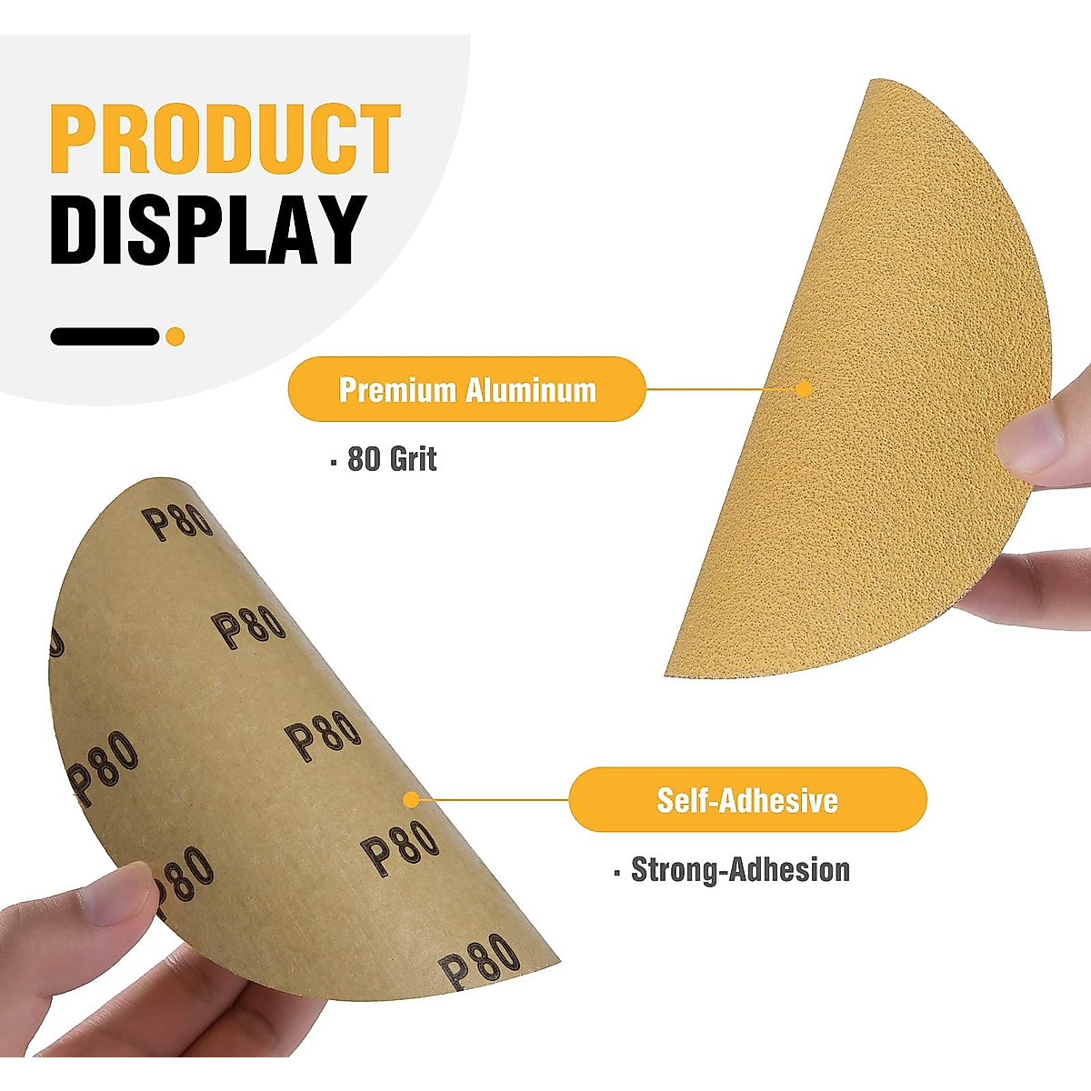 LuckyGuard 100 PCS 6 Inch Gold PSA Sanding Discs 80 Grit Self Adhesive Sticky-Back Sandpaper for DA Sander Finishing Various Materials-Wood Metal Plastics Woodworking Sanding Disc Roll