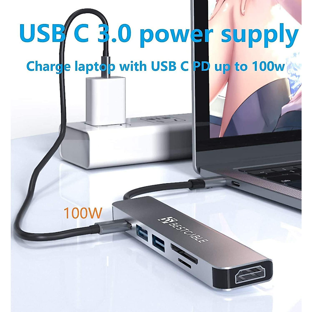 BEST CABLE USB C Hub Multiport Adapter - 6 in 1 Portable with 4K HDMI Output, 2* USB 3.0 Ports, SD/TF Card Reader,USB C 100W PD, Compatible with MacBook Pro, XPS More USB C Devices