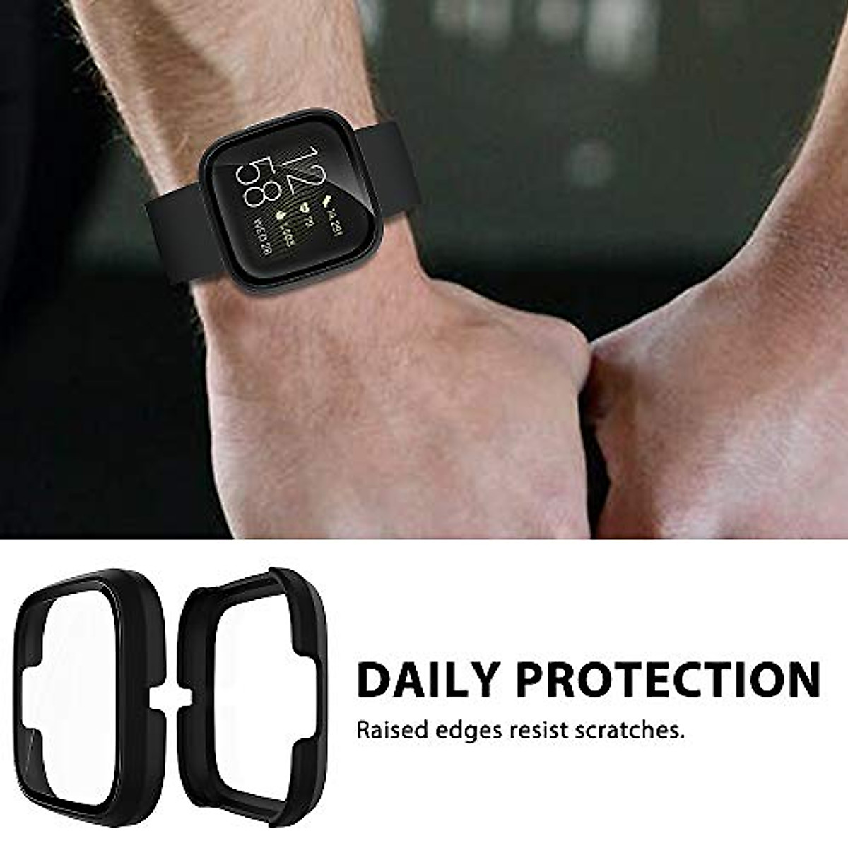 2 Pack LϟK Smartwatch Case Compatible for Fitbit Versa 2 Built-in Tempered Glass Screen Protector, All-Around Ultra-Thin Bumper Full Cover Hard PC Protective Case - Black