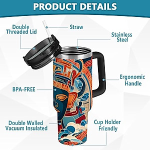 Nexawaveo 30oz 40oz Mythical Sanxingdui Ornament Dark Stainless Steel Vacuum Insulated Tumbler with Lid and Straw for Water, Iced Tea or Coffee, Smoothie Travel Mug