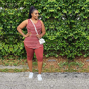 acelyn Women's Striped 2 Piece Outfits Plus Size Casual Summer Tank Tops Biker Shorts Sets (X9244-Red, XL)