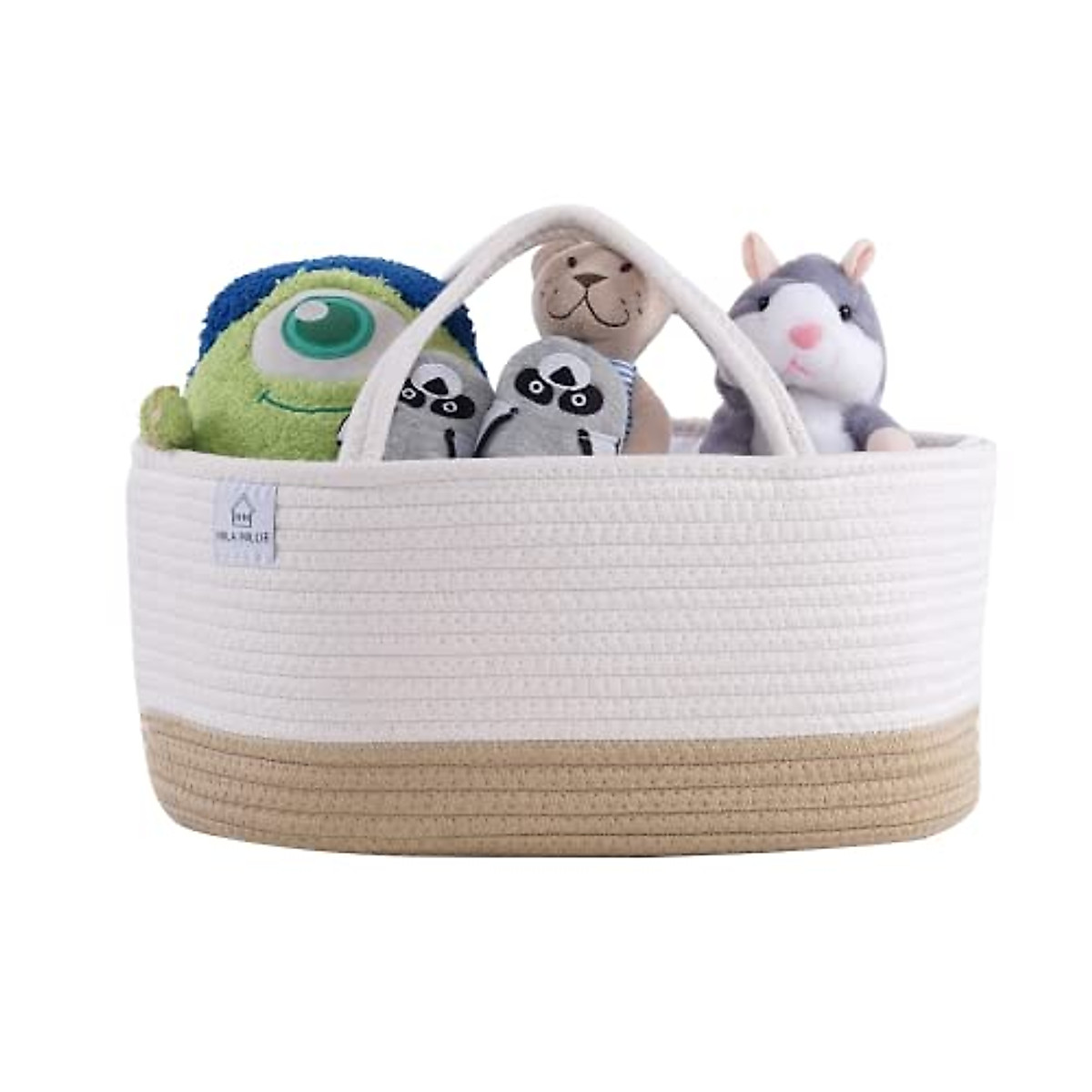 Mila Millie Baby Large Cotton Rope Diaper Caddy | Organizer Storage Bin for Nursery Essentials | Portable Bag for Changing Table and Car | 100% Natural Cotton | Eco friendly (White & Biege) 15.5x10x7 Inch (Pack of 1)