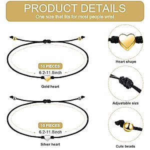 Otuuz 20 Pieces Silver Gold Heart Charm Bracelets Black String Adjustable Bracelet Braided Matching Bracelets Friendship Jewelry for Women Men