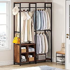 Tribesigns 82'' Freestanding Clothing Racks, Taller Closet Organizer with Rods and Storage Cube, Metal and Wood Garment Rack, Open Garment Clothing wardrobe, Clothes Organization System for Bedroom