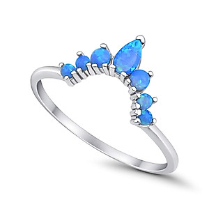 Lab Created Blue Opal Size-6 Curved Band Thumb Ring Pear Round 925 Sterling Silver
