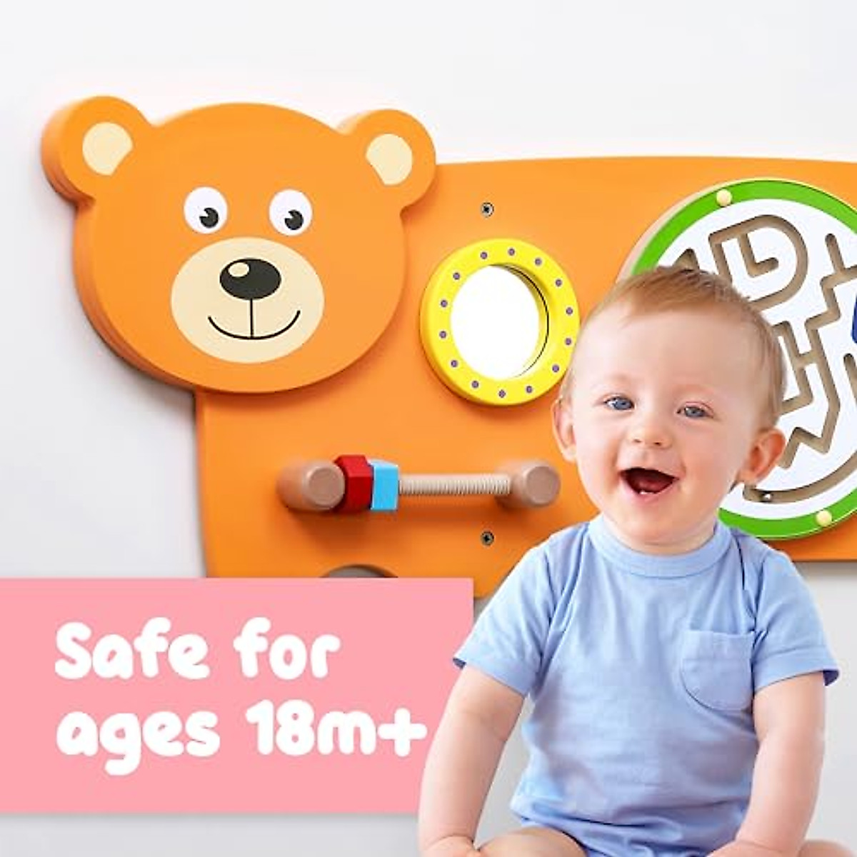 SPARK & WOW Bear Activity Wall Panel - Ages 18m+ - Montessori Sensory Wall Toy - 4 Activities - Busy Board - Toddler Room Décor