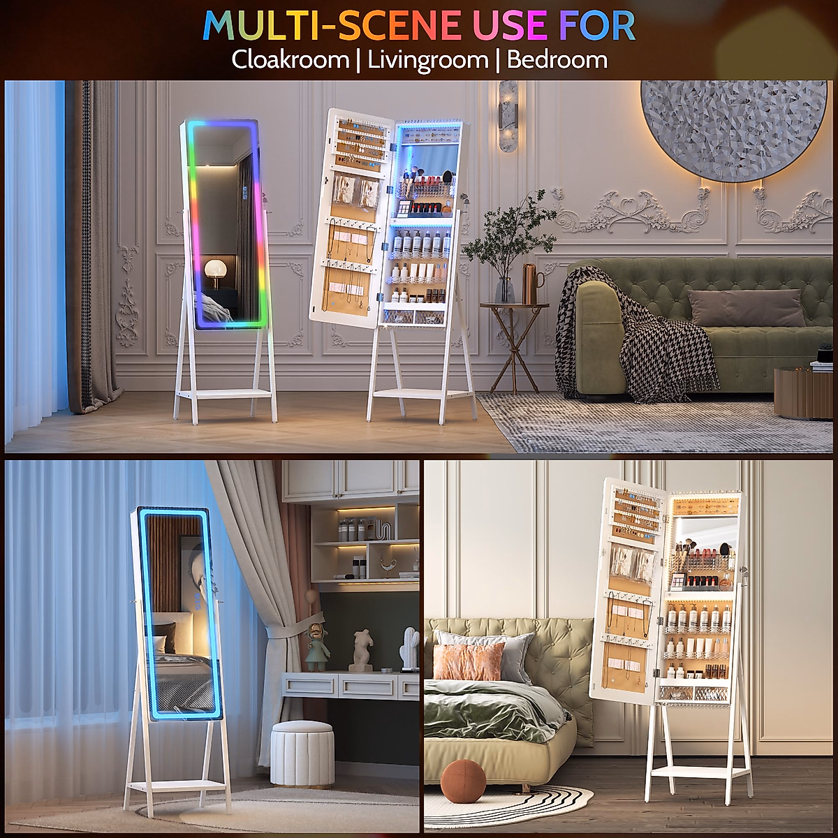 LVSOMT RGB LED Jewelry Mirror Cabinet, Standing Jewelry Armoire Organizer, Stand Up Full-Length Mirror with Jewelry Storage, LED Lighted Floor Mirror, 14 Lights + Dimmable + Adjustable Speed, White