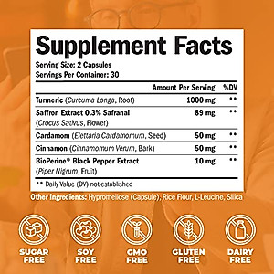 Turmeric Saffron Supplements with Cinnamon powder & Cardamom - Antioxidant Joint Support Supplement Contains Turmeric Curcumin with Black Pepper for Mood, Memory, Eye Health & Well-Being - 60 Capsules