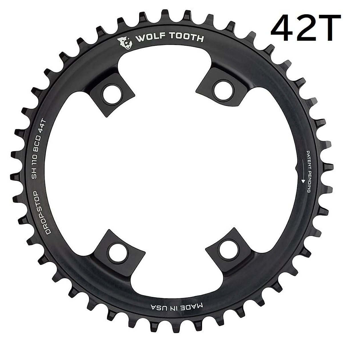 Wolf Tooth Drop-Stop Chainrings for Asymmetric 4x110mm BCD Shimano Road Cranksets (Black, 42t)