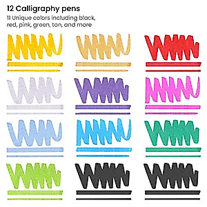 ARTEZA Calligraphy Markers, Set of 12, Permanent Water-Based Ink, 11 Unique Colors, 2mm Nibs, Water-Resistant, Flat Chisel-Tip Marker Pens