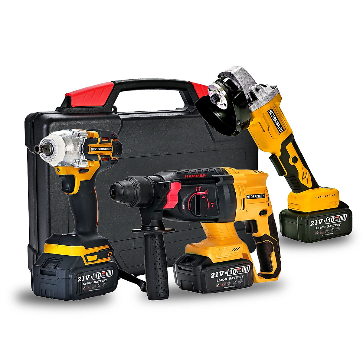 21V Cordless 3 in 1 Impact Wrench Electric Angle Grinder Rotary Hammer Drill 3Pcs Power Tool Combo Kits with 3.0ah Battery & Fast Charger,yellow