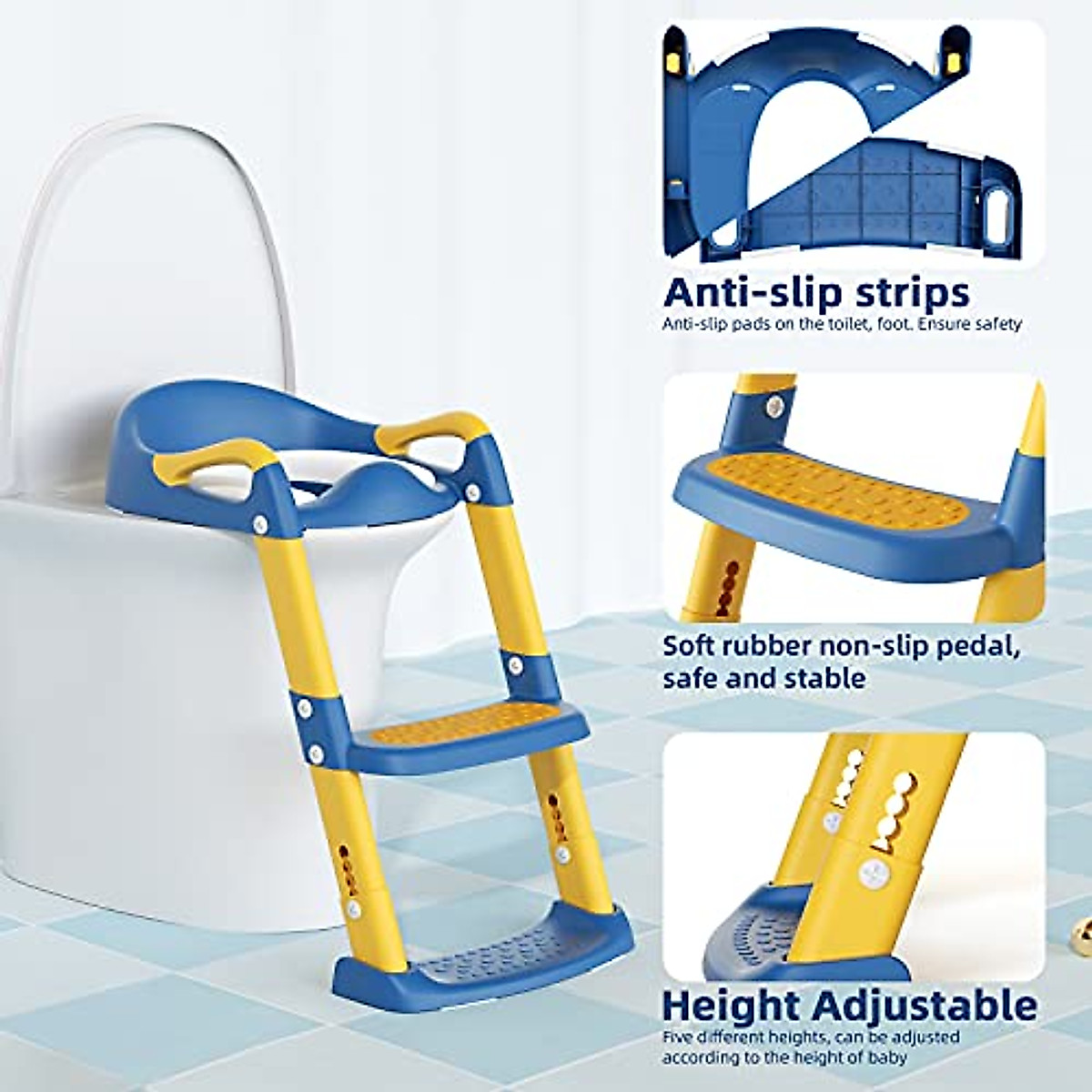 YMINA Potty Training Seat for Kids Toddlers Potty Training Toilet with Handles & Step Foldable Adjustable Comfortable and Anti-Slip Pad for Girls and Boys (Blue)