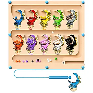 Magnetic Color and Number Maze Toy, Magnet Dinosaur Toys, Wooden Montessori Toys for 2 3 4 5 Year Old, Learning Educational Sorting Travel Toys for Preschool Toddlers and Kids Boys Girls