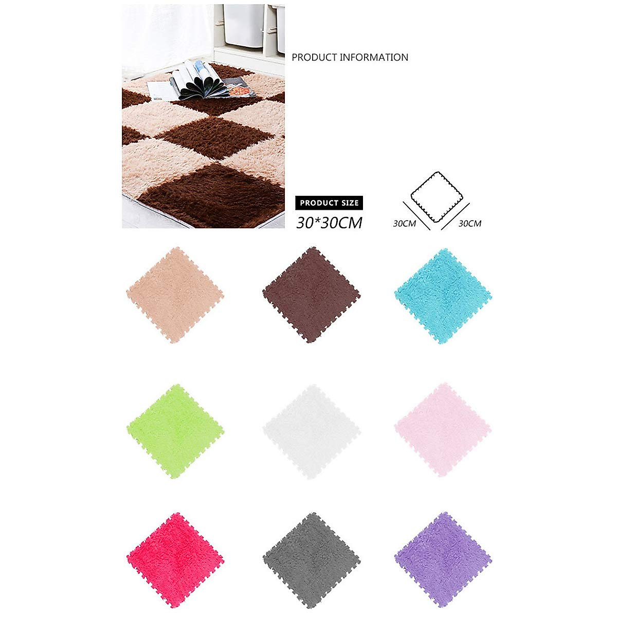 Cozylkx Puzzle Floor Mat, Plush Foam Mats, 16 Fluffy Carpet Tiles Area Rugs for Kids Room, Baby Room, Nursery Decoration