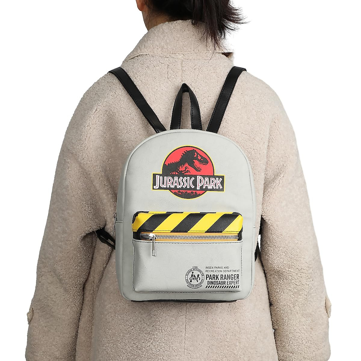 Jurassic Park Dinosaur Movie Logo Caution Tape Grey Mini Backpack