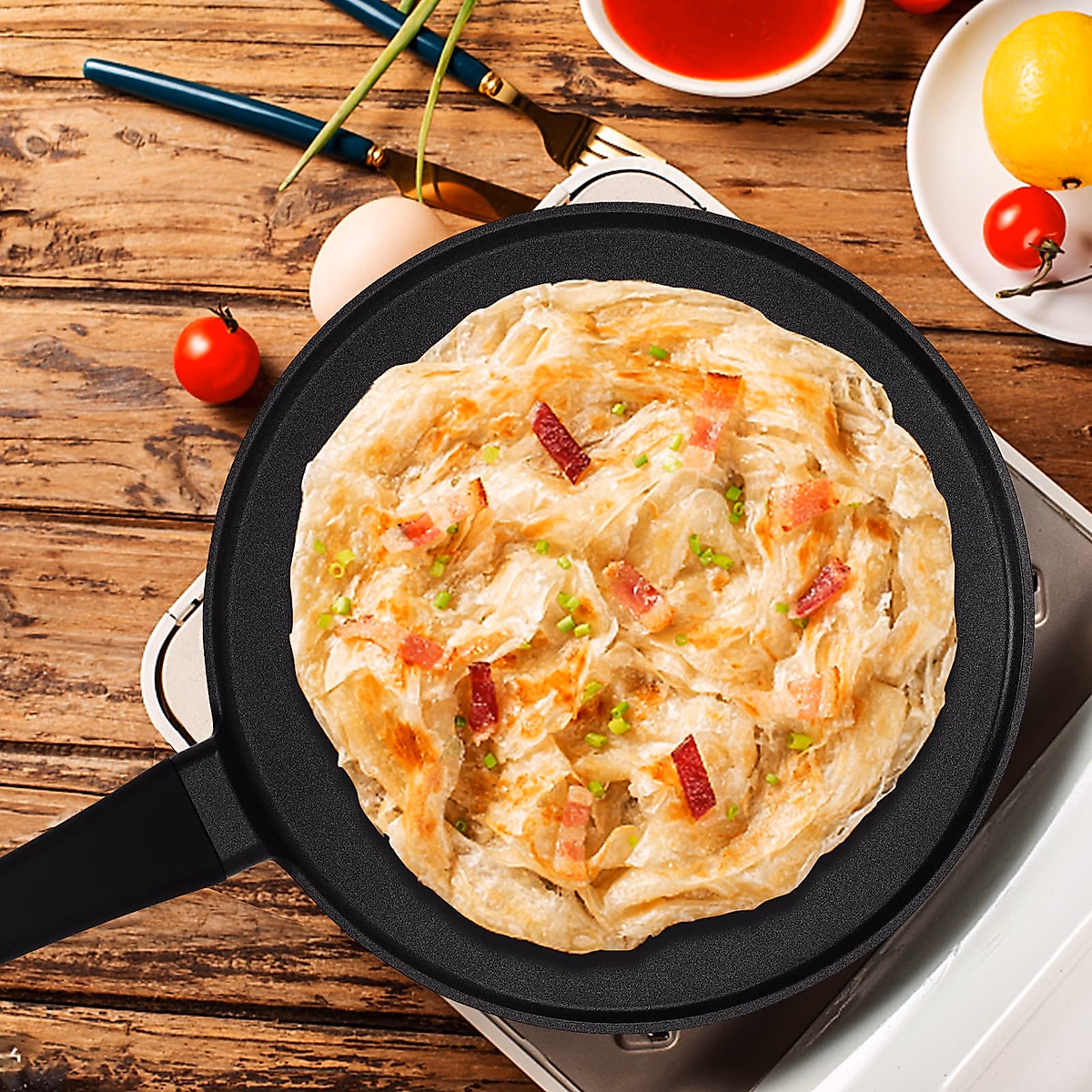 Sakuchi 11 Inch Induction Crepe Pan, Nonstick Dosa Pan for Stove Tops, Tortilla Pan for Glass Cooktop, Tawa Pan for Roti, Black