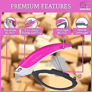 Pink Box Cutter Retractable Utility Knife - Heavy Duty Box Cutter Knife Cardboard Cutter - Box Opener Razor Blades Knife with 5 Sharp Utility Blades