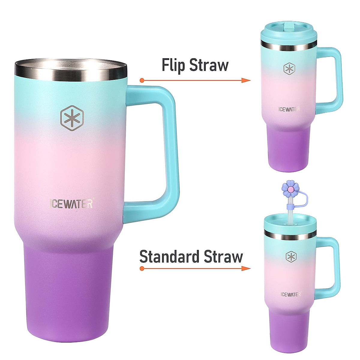 ICEWATER 40 oz Tumbler with 2 Lids (Flip & Standard Straw),100% Leak Proof Insulated Tumbler with Handle, Cup Holder Friendly, Stainless Steel Water Bottle, Gifts for Women & Men (Violet)