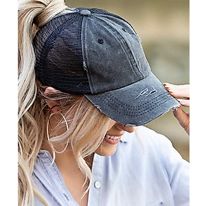 Eohak Distressed Ponytail Hats Baseball for Women Messy-Bun Pony Caps (Black+Grey)