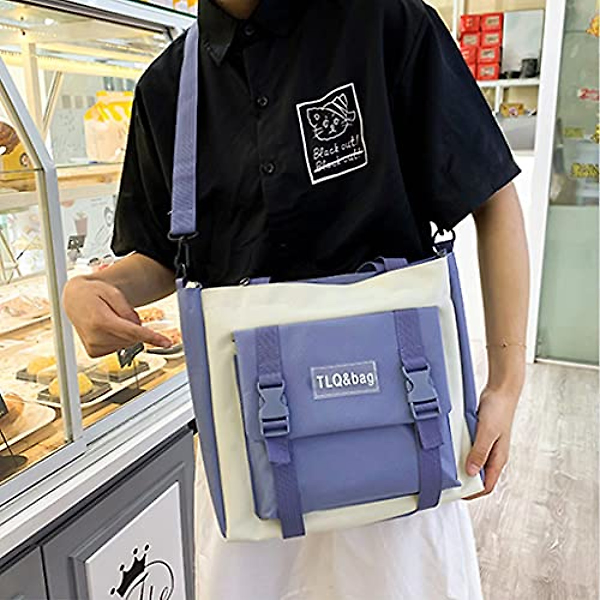 4PCS Canvas School Backpack Combo Set with Kawaii Teddy Bear Pendant Pin Cute Aesthetic Laptop Schoolbag Shoulder Tote Bag (Blue)