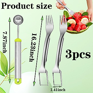 ZLMC 2-in-1 Watermelon Fork Slicer,Portable Stainless steel Watermelon Slicer with Melon Baller Scoop Extra,Dual Head Stainless Steel Fruit Forks Slicer Knife for Family Parties Camping(3PCS)
