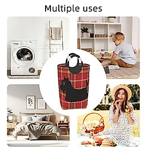 AMABCDET Collapsible Laundry Basket with Aluminum Handle, 50L Large Capacity Waterproof Red Plaid Black Scottish Terrier Pattern Dirty Clothes Hamper for Bedroom Bathroom Living Room
