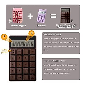 Seaciyan Wireless Number Pad, Ergonomic Cute Mini Portable Digital Keyboard, Cordless External Numeric Keypad with Financial Accounting Calculator (Brown)