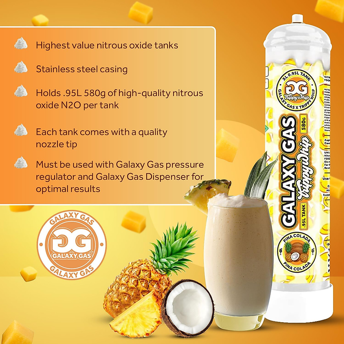 Galaxy Gas Pina Colada Flavor Whipped Cream Dispenser Cartridge Tank, Nitrous Oxide XL .95L 580 Gram, Whipped Cream Cartridge, N2O Charger Tank, 1 Cylinder