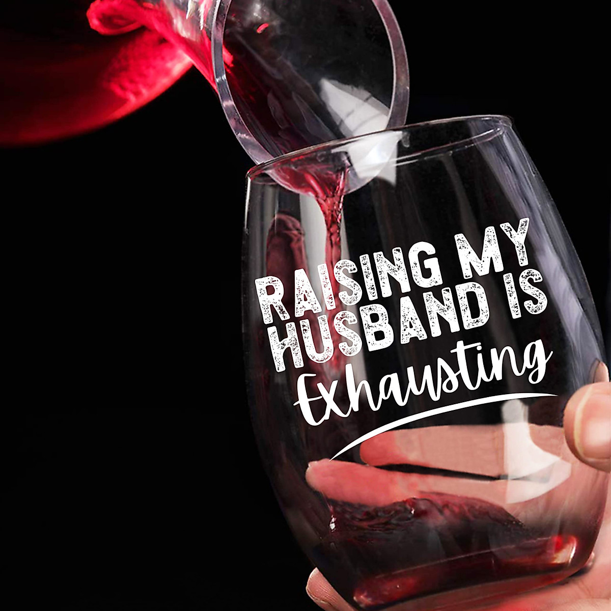 SNG WORLD Raising My Husband Is Exhausting Wine Tumbler Drinking Glass Stemless Wine Glass 21 Oz with Funny Sayings For Women