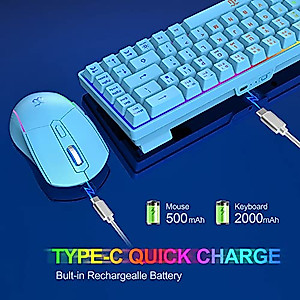 Snpurdiri 60% Wireless Gaming Keyboard and Mouse Combo,LED Backlit Rechargeable 2000mAh Battery,Small Membrane But Mechanical Feel Keyboard + 6D 3200DPI Mice for Gaming,Business Office（Blue