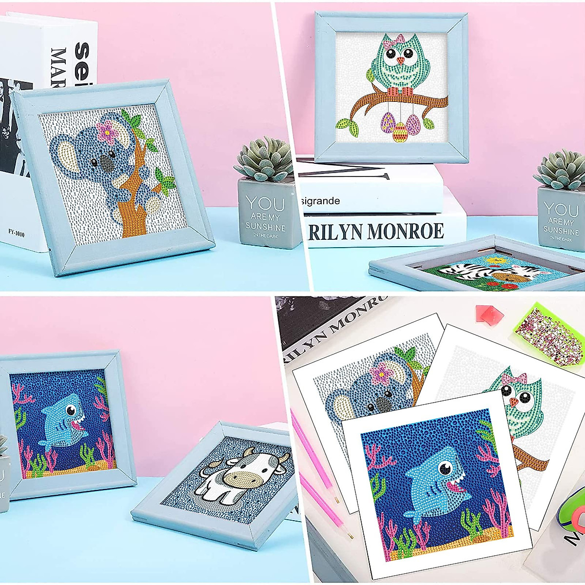 MVVMTOP 16 Pack Diamond Painting Kit for Beginner Gem Art Kits Paint by Number Holiday Crafts Supplies Gifts for Wall ，Tabletop(6''X6'',Cute Mini Animal)