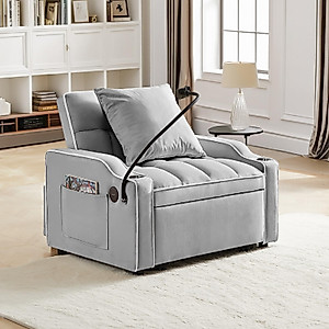 Sleeper Sofa Chair Bed with Charging Ports & Phone Holder & Cup Holder, Modern Velvet 3 in 1 Convertible Pull Out Sofa Bed, Single Chair Bed for Small Spaces Apartment, Grey