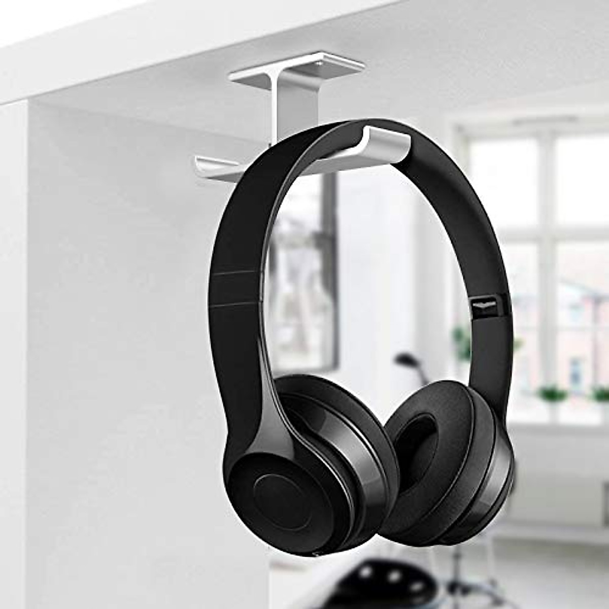 APPHOME Headphone Hanger Stand Under Desk Hook Aluminum Stick-On Adhesive Dual Headsets Holder Mount PC Gaming Accessories for All Headphones (Silver-One Pack)