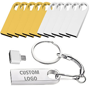 Custom Logo USB Flash Drive with Keychain and USB C Adapter Engraved Free Personalized USB 2.0 Metal Memory Stick Personal Gift for Friend,Wedding,Anniversary,Graduation,Birthday,Party-4G, Silver