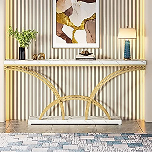 LITTLE TREE Faux Marble Console Sofa Table with Gold Half-Moon Legs,Mid-Century Modern Accent Tables for Entryway, Living Room
