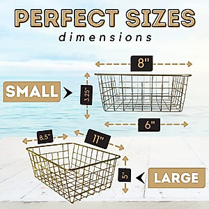 Vlish 4 Gold Wire Baskets - 4 Pack Storage Decor Crafts | Kitchen Bin Organizing Basket Set | Great for Closet, Laundry, Pantry Organization, Tables & Countertops, Office | Large & Small