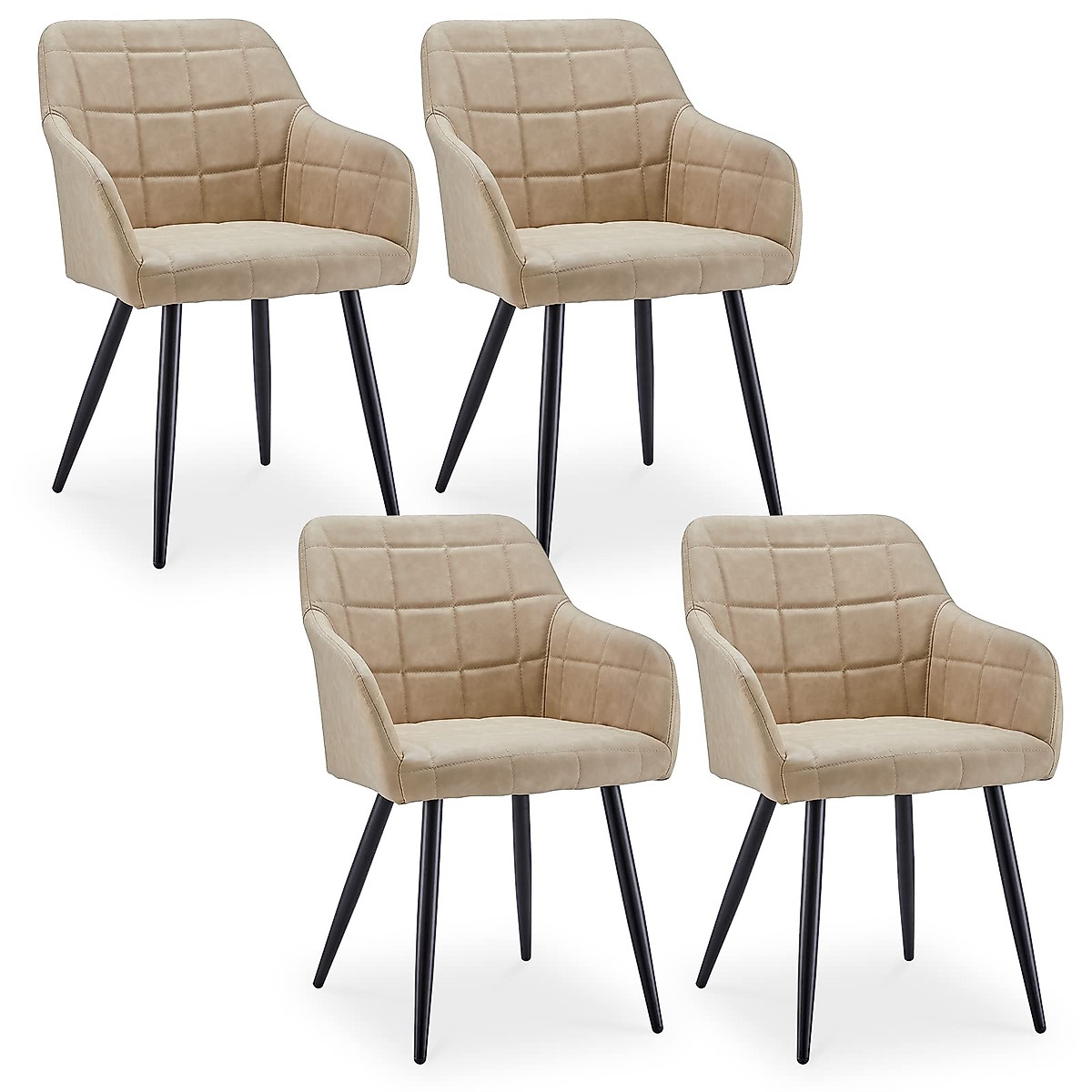 CLIPOP Faux Leather Accent Dining Chairs Set of 4, Upholstered Modern Kitchen Chairs with Arms, Metal Legs, Backrest, Leisure Armchairs for Living Room Office Cafe Restaurant Home Funiture, Beige