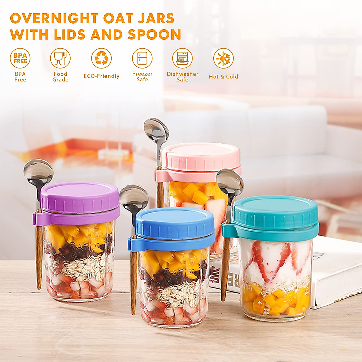 Overnight Oats Containers with Lids and Spoon, 4 Pack Mason Jars for Overnight Oats, 16 Oz Overnight Oats Jars Glass Oatmeal Container to Go for Chia Pudding Yogurt Salad Cereal Meal Prep Jars (Blue